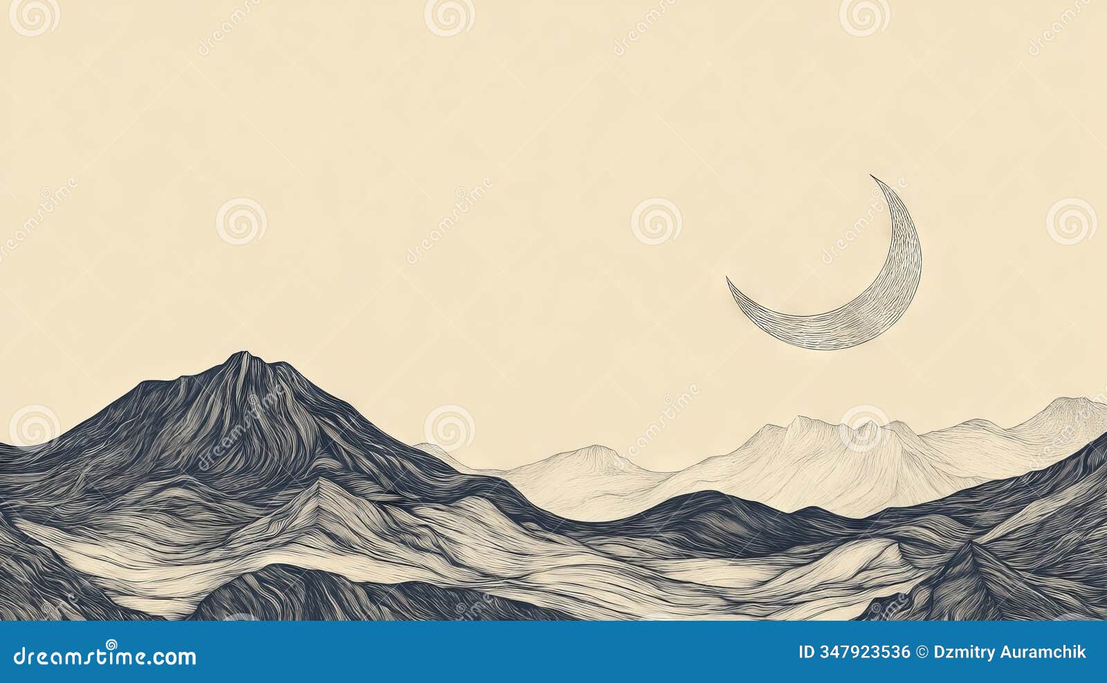 Clean Line Illustration of a Mountain Range and Crescent Moon Stock ...