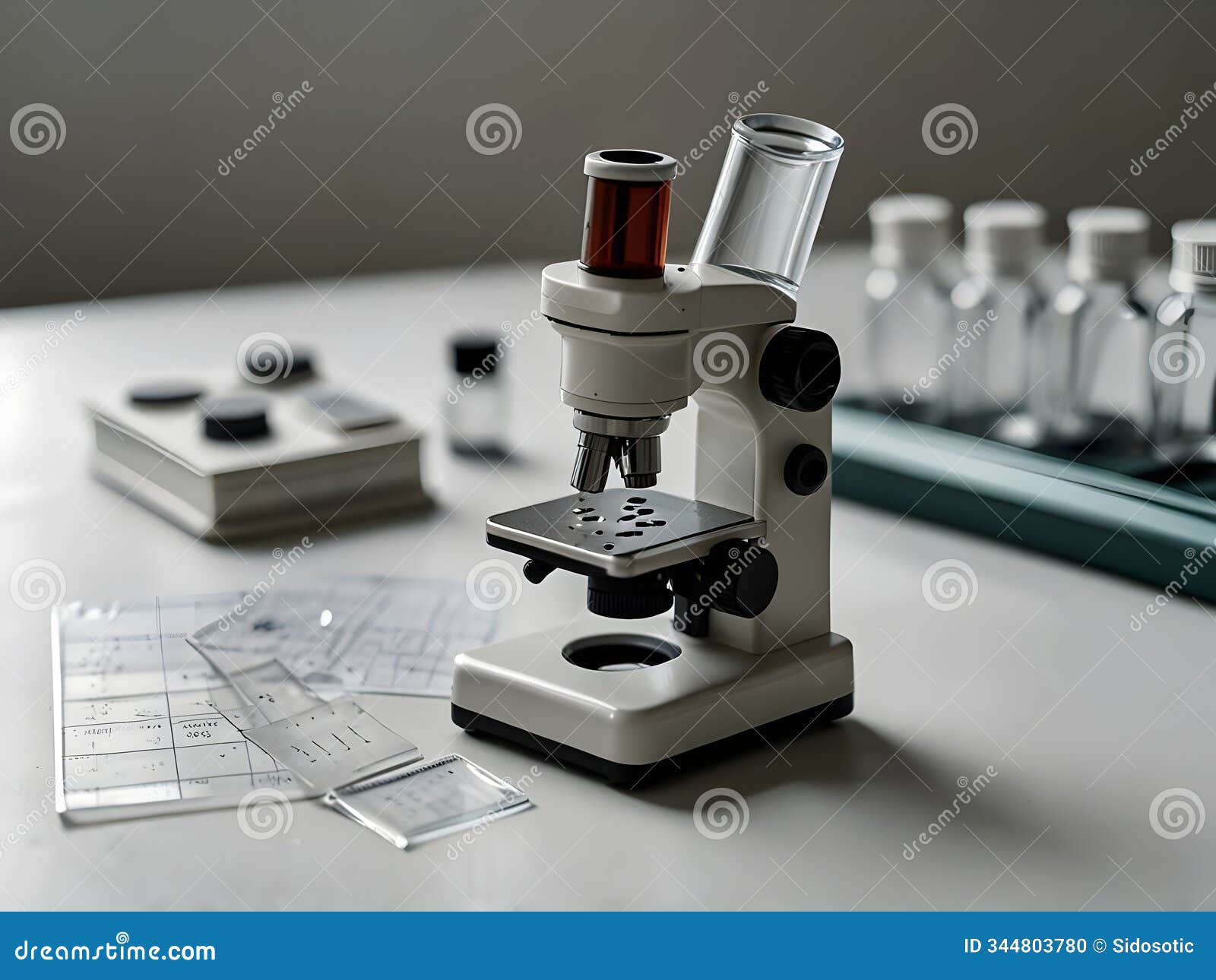 Clean Microscopy Setup with Microscope and Slides Stock Illustration ...