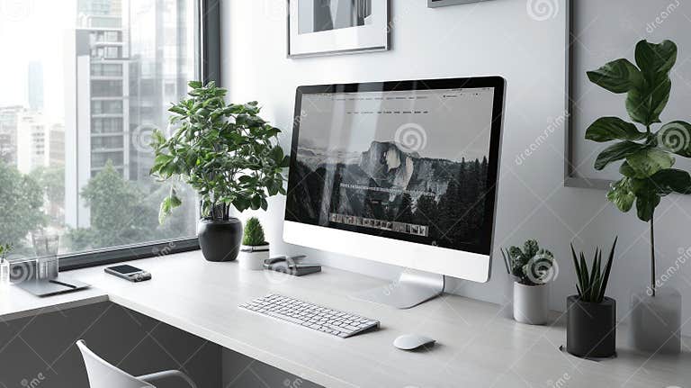 A Clean and Minimalist Workspace Featuring Computer Displaying Website Design, Surrounded by ...