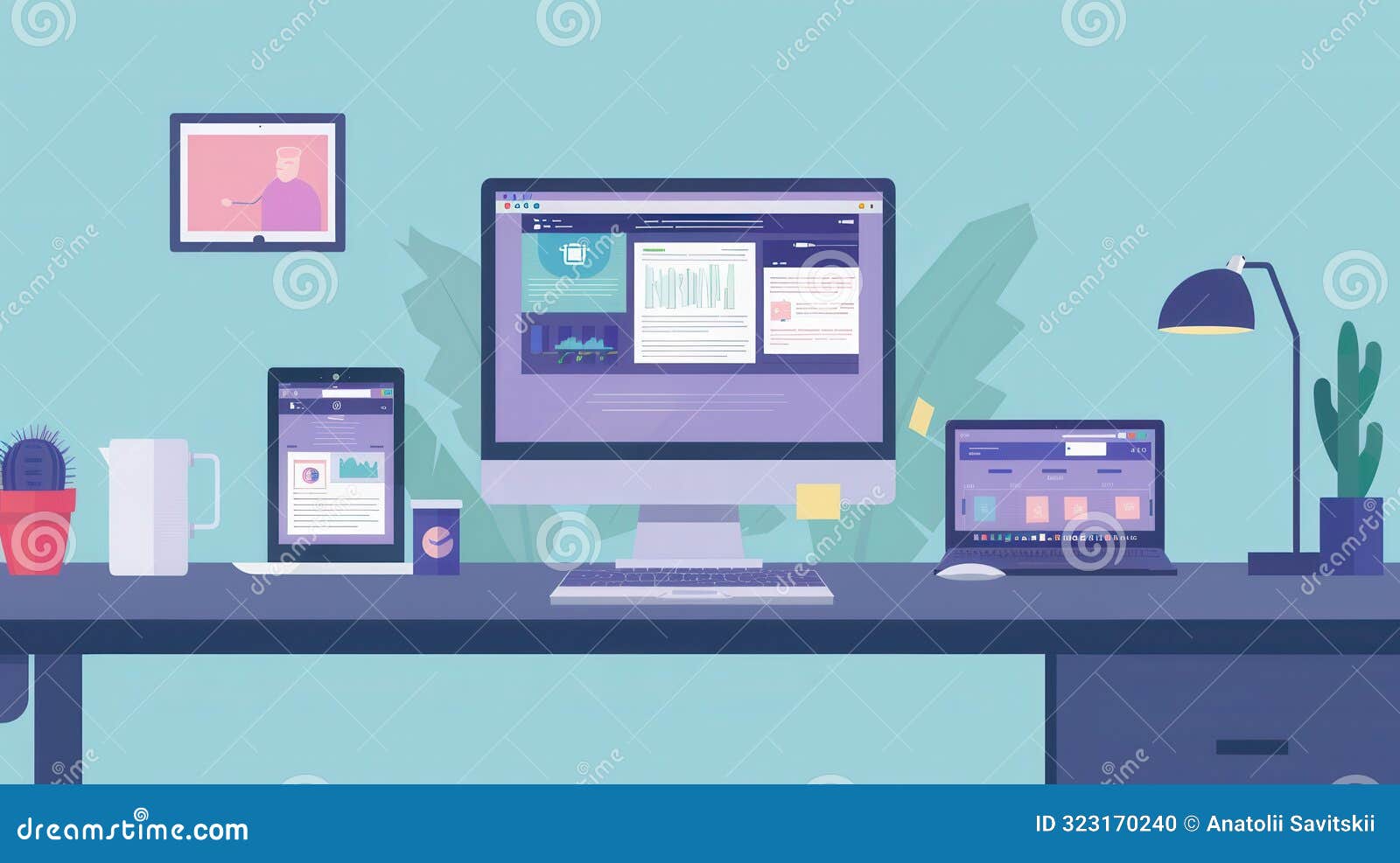 A Clean and Modern Desk with a Desktop Computer, Laptop, and Tablet ...