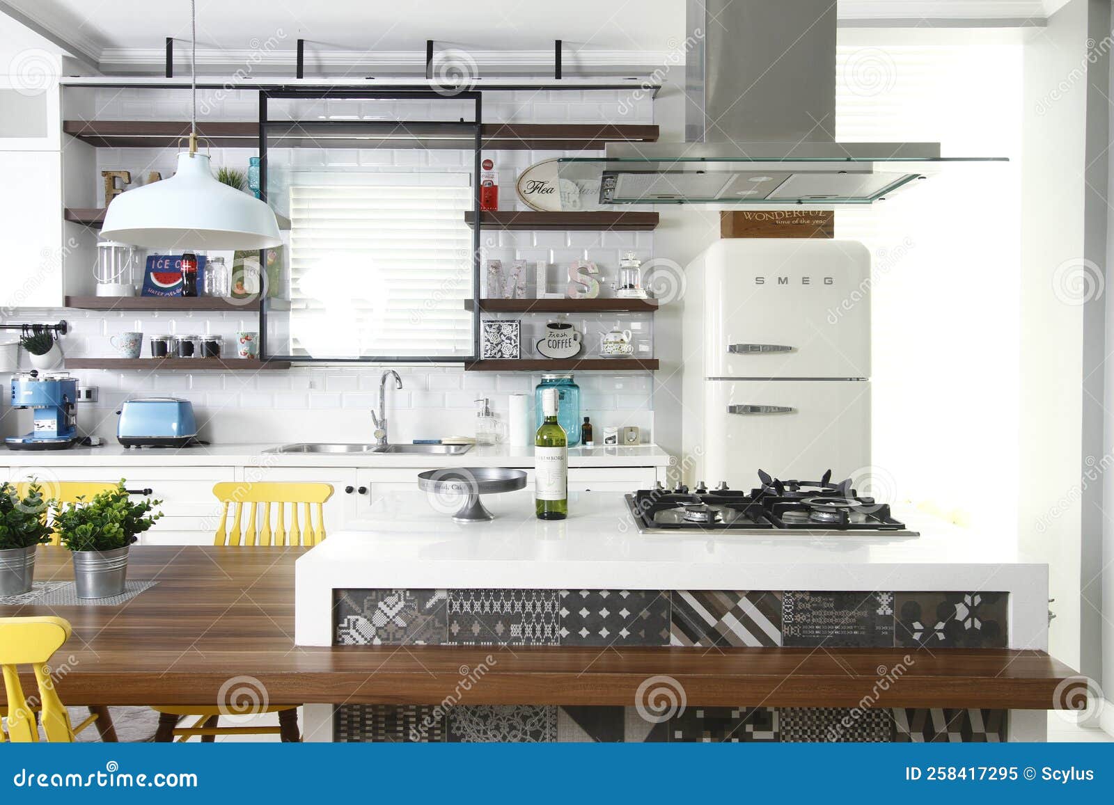 Clean Modern Kitchen with Stylized Designs on the Cooking Counter Stock ...