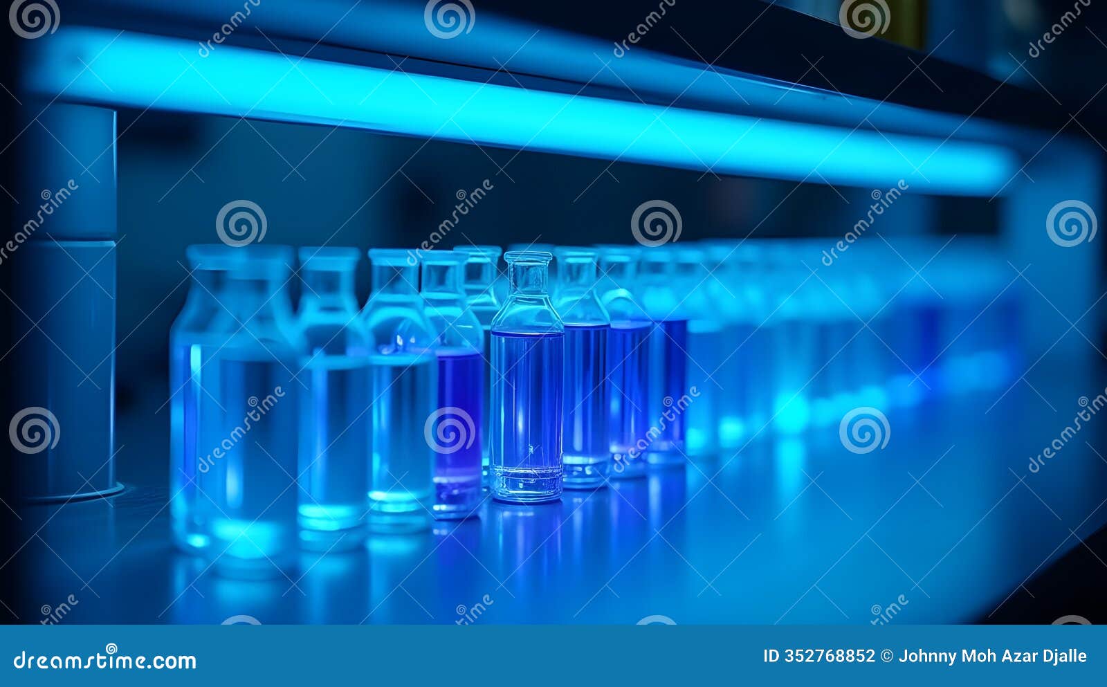 A Clean and Modern Lab Featuring Vials of Glowing Liquid Under UV ...