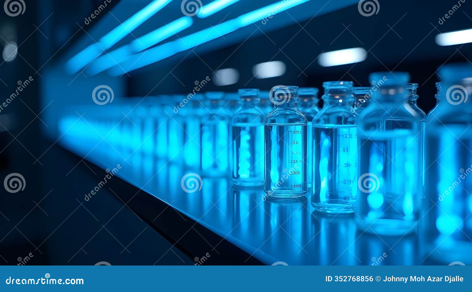 A Clean and Modern Lab Featuring Vials of Glowing Liquid Under UV ...