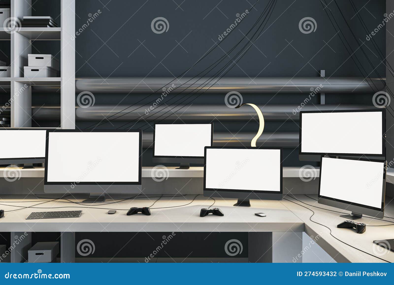 Clean Office Interior with Multiple Empty White Computer Monitors on ...