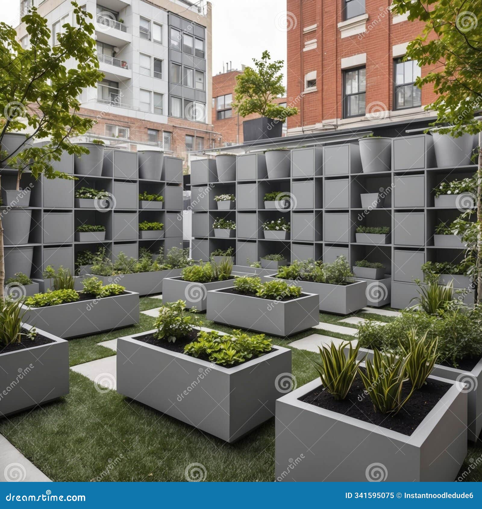 Simple Modular Urban Garden Design with Neatly Arranged Pots and ...