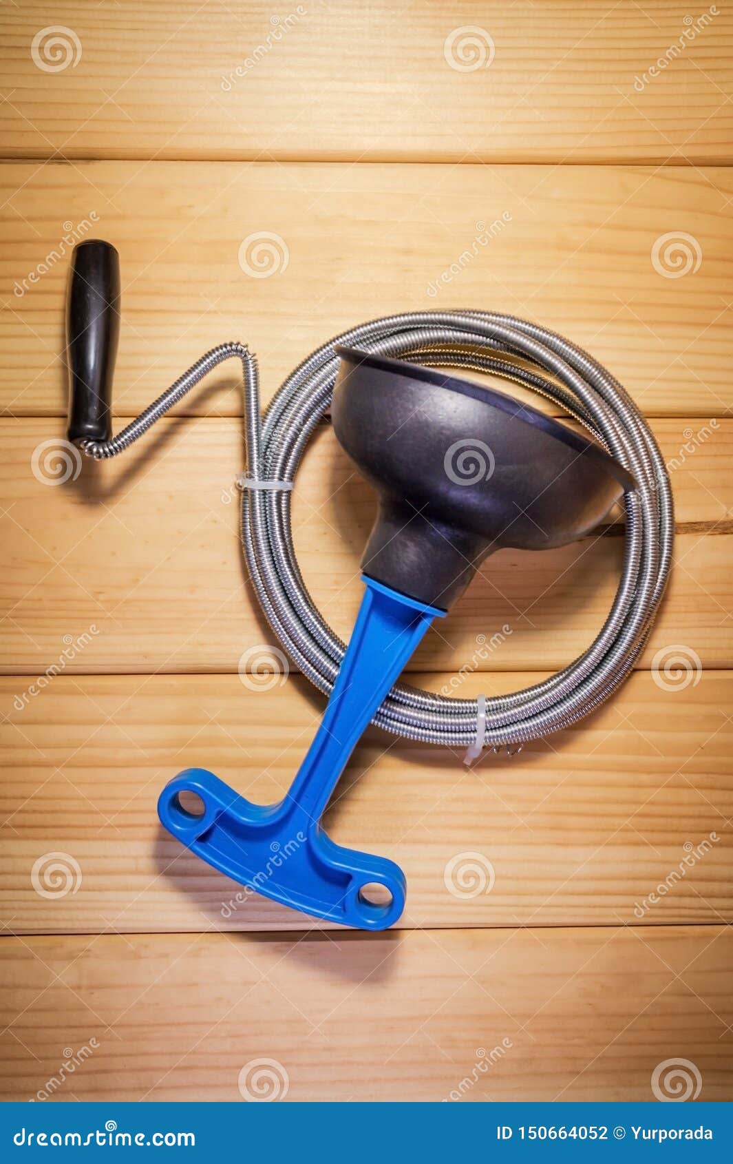 Clean Plastic Plunger with Blue Handle and Cable on Wooden Background ...