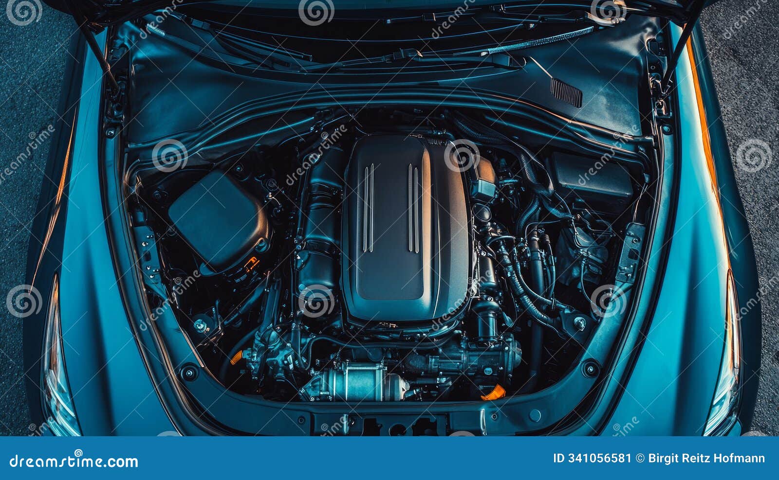 Clean and Powerful Car Engine is Shown with the Hood Open Stock ...