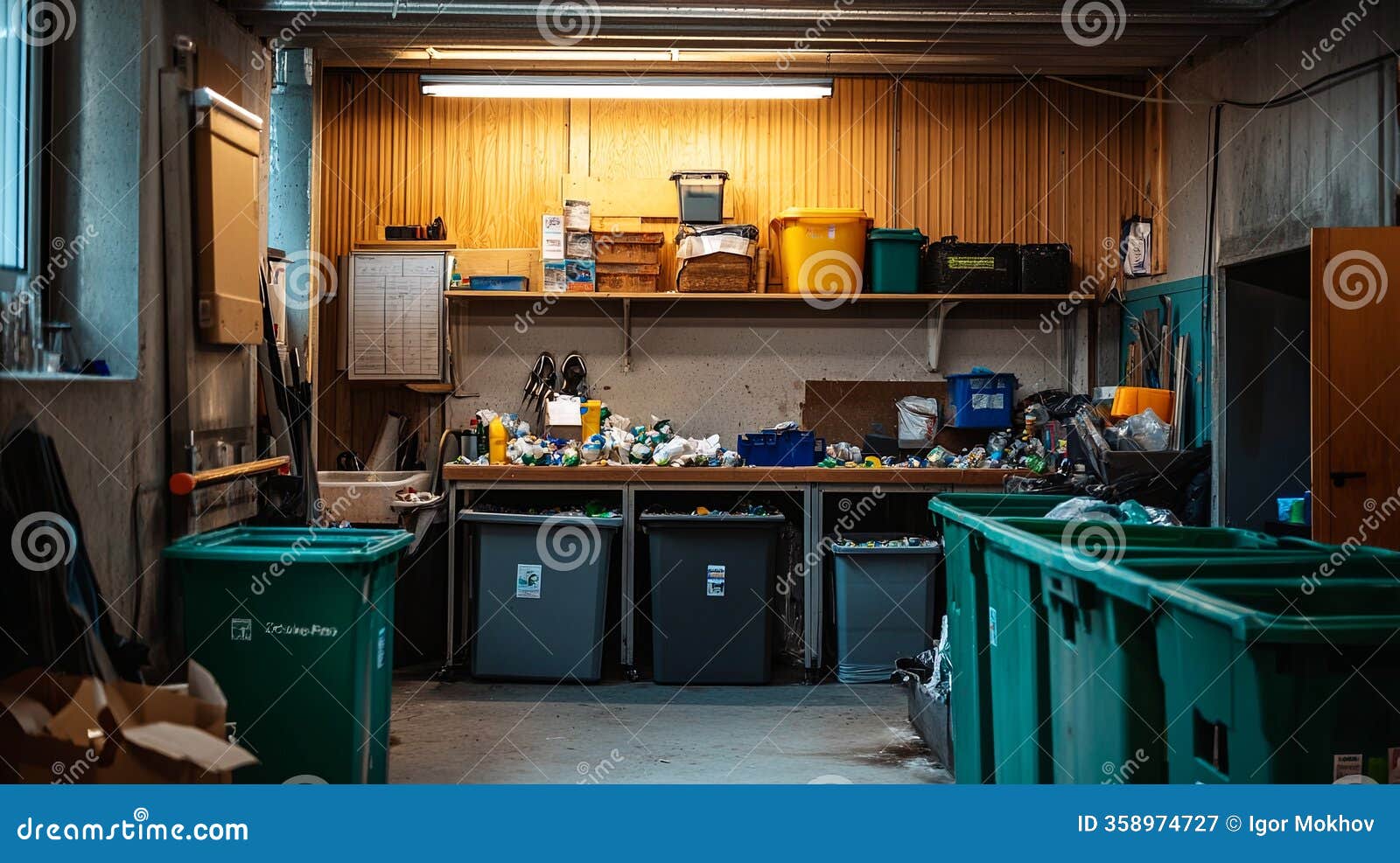 A Clean Recycling Workshop Setup with Organized Bins and Tools for ...