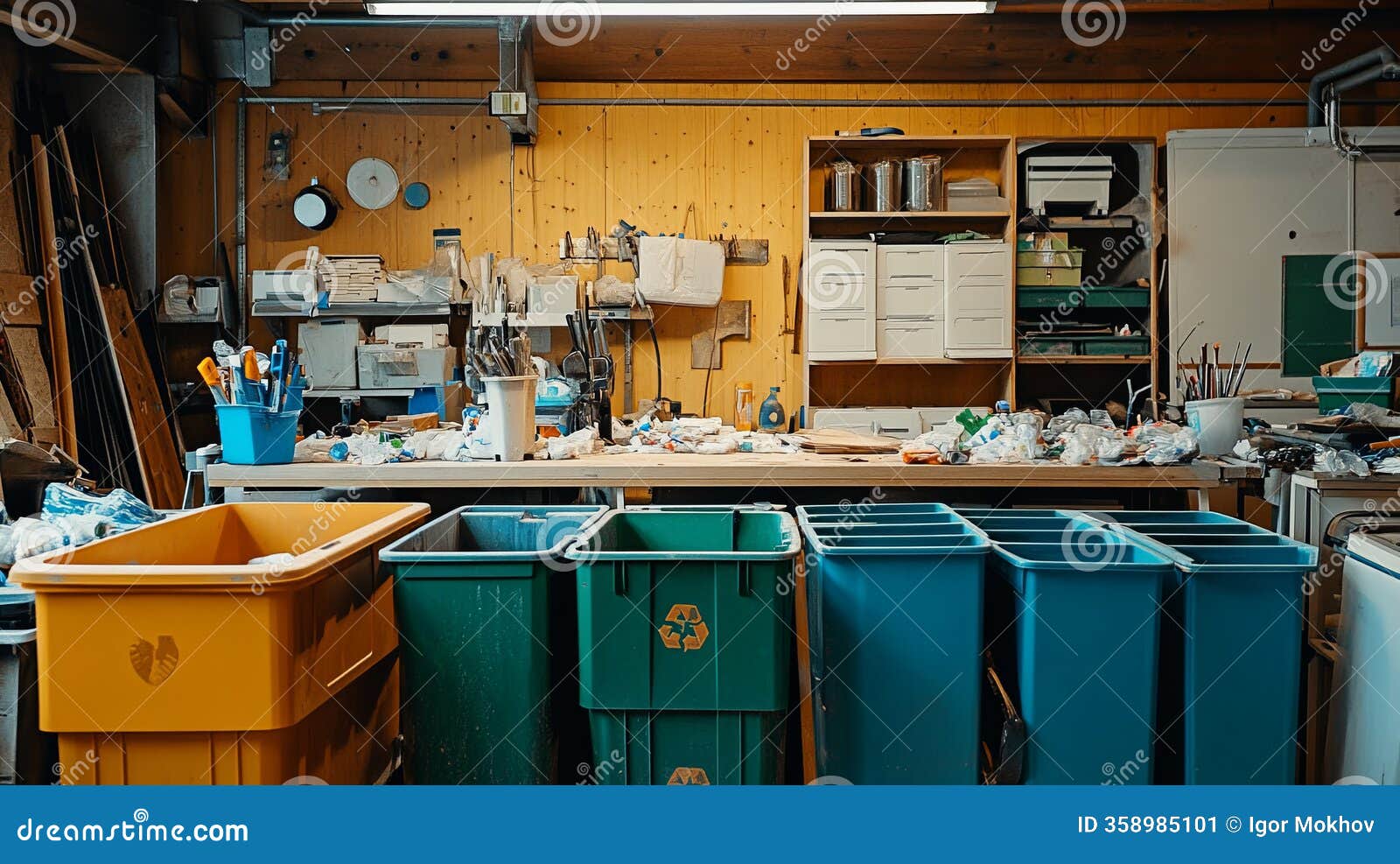 A Clean Recycling Workshop Setup with Organized Bins and Tools for ...