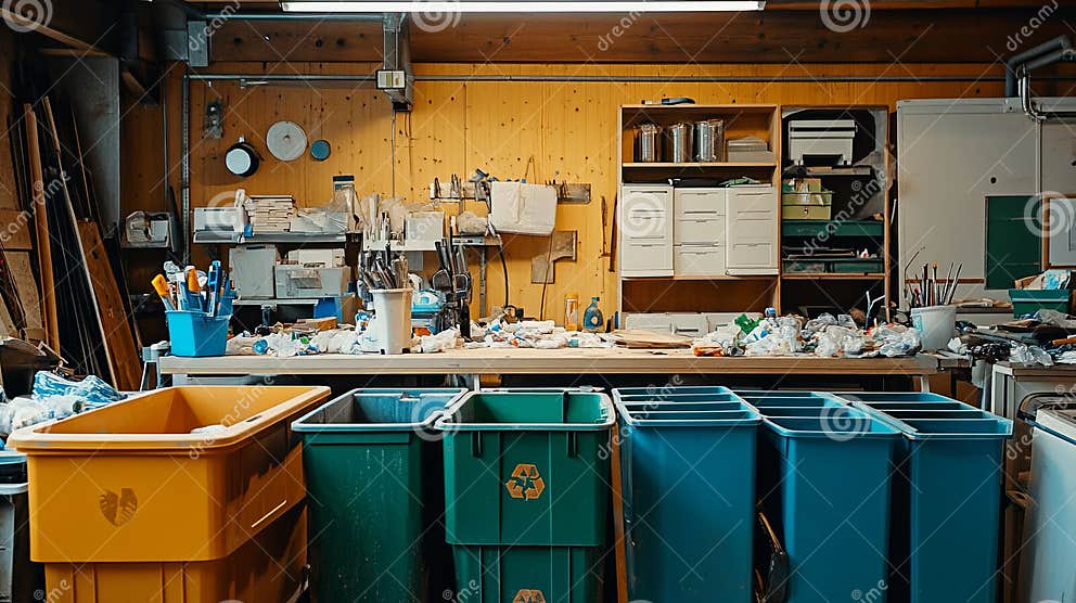 A Clean Recycling Workshop Setup with Organized Bins and Tools for ...