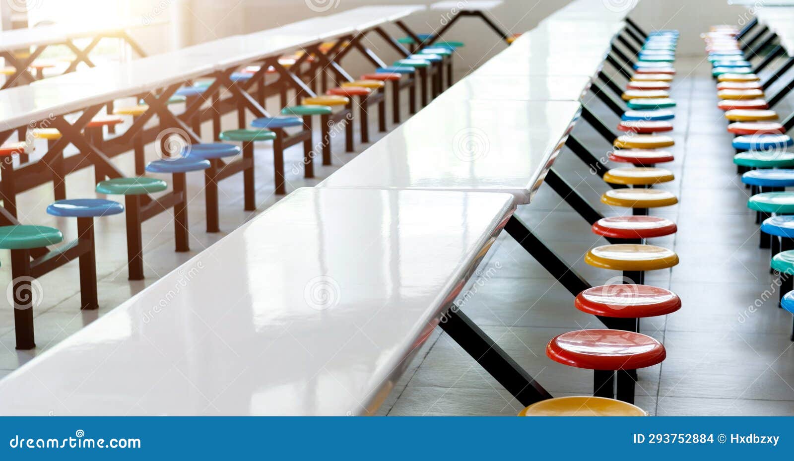 Clean School Cafeteria with Tables and Colorful Seats Stock Photo ...