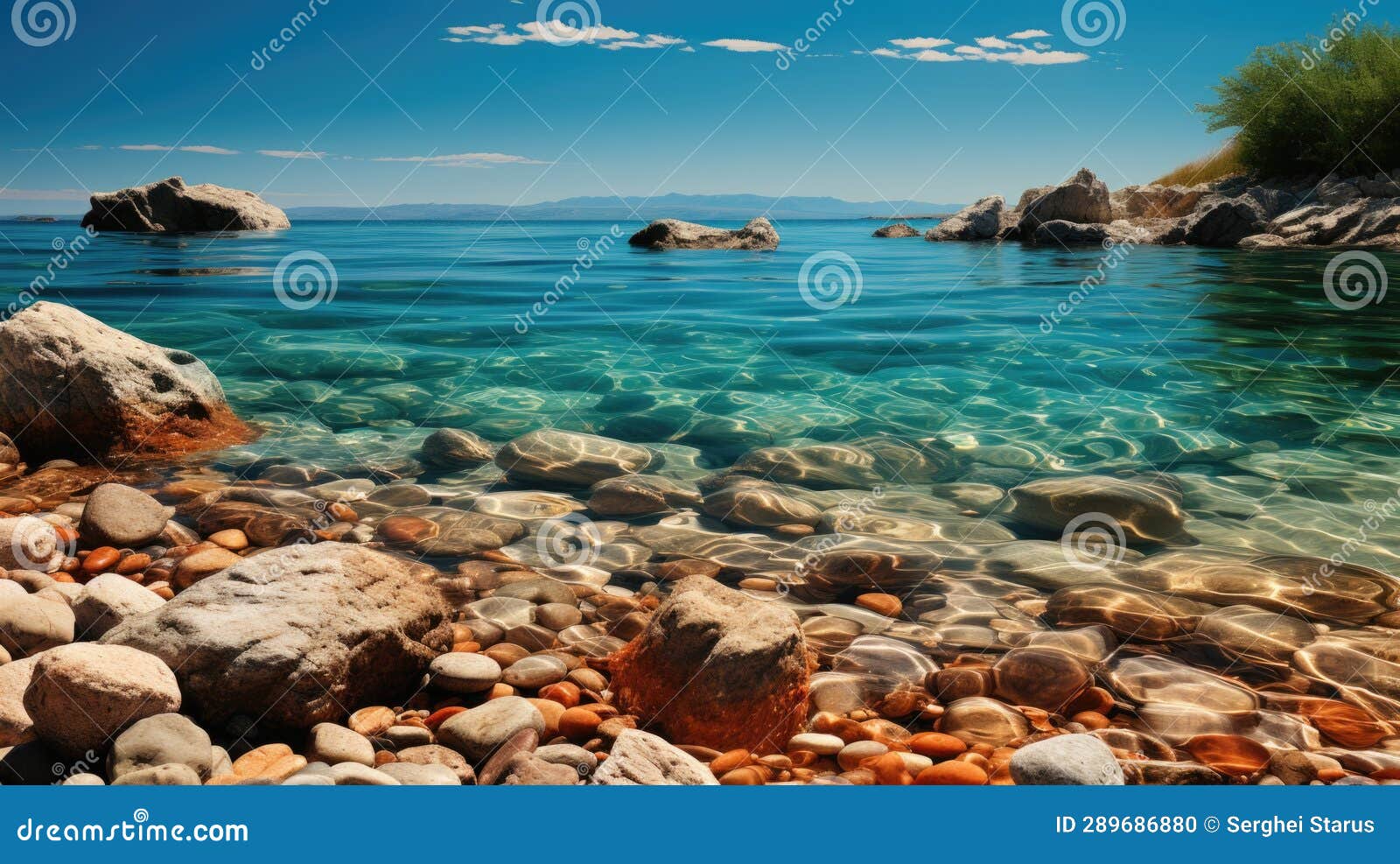 The Clean Sea Water at Rocky Beach, AI Stock Photo - Image of pebble ...
