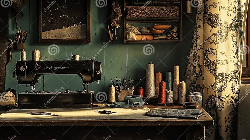 A Clean Sewing Room with Fabric Scissors, Spools of Thread, and a Stock ...
