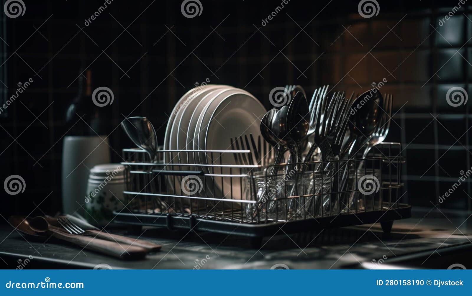 Clean Silverware and Crockery Stack on Wooden Table in Kitchen ...