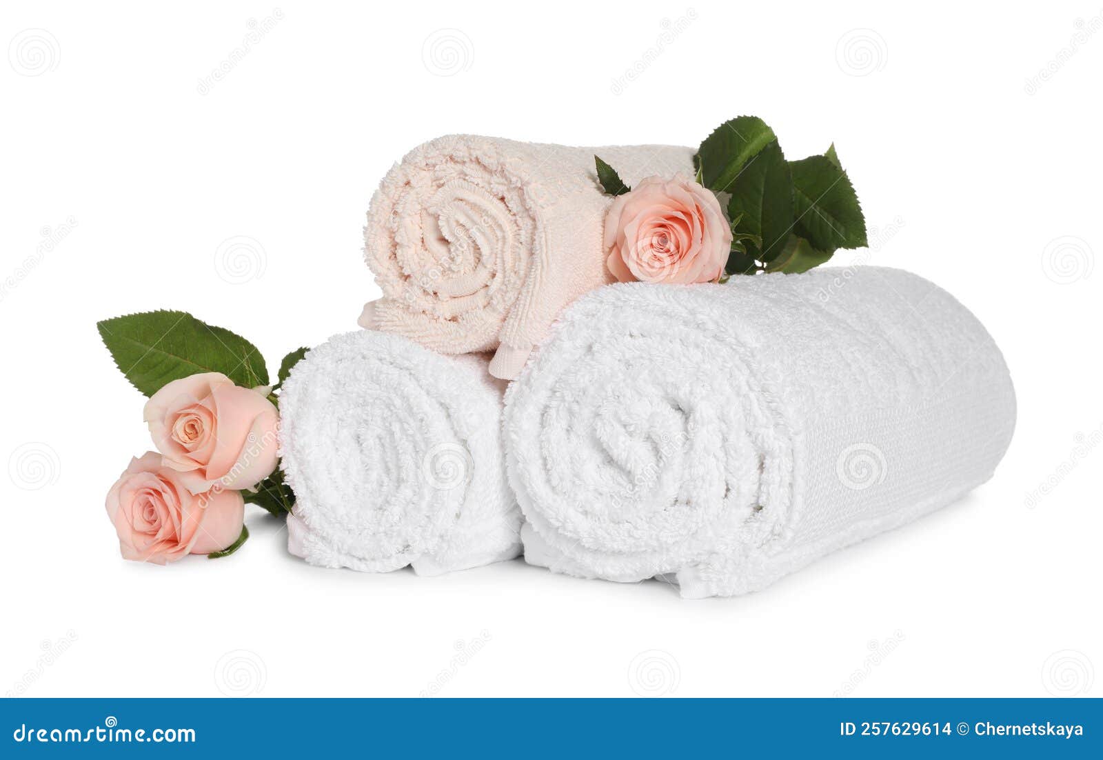 Clean Soft Towels with Flowers Isolated on White Stock Photo - Image of ...