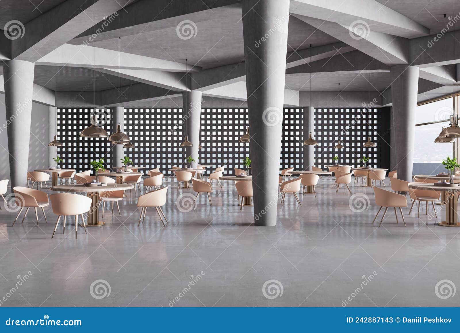 Clean Spacious Concrete Restaurant Interior with Panoramic City View ...