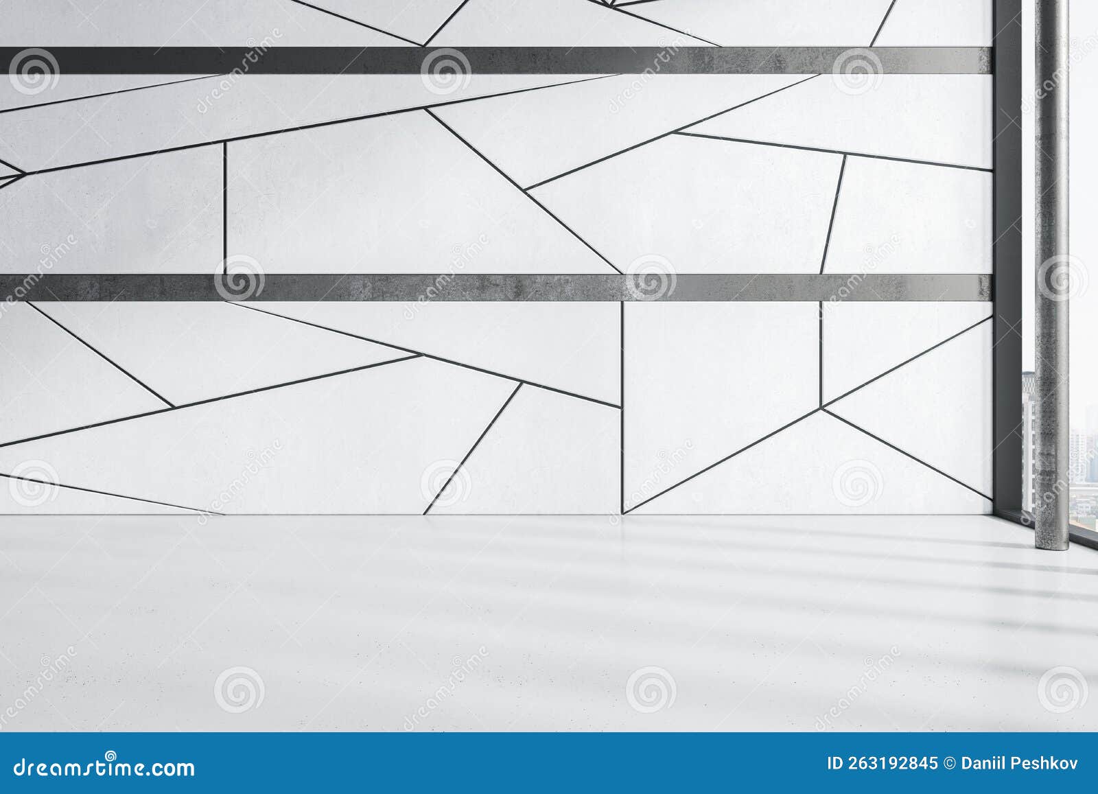 Clean Spacious Gallery Interior with Window and City View, Decorative ...