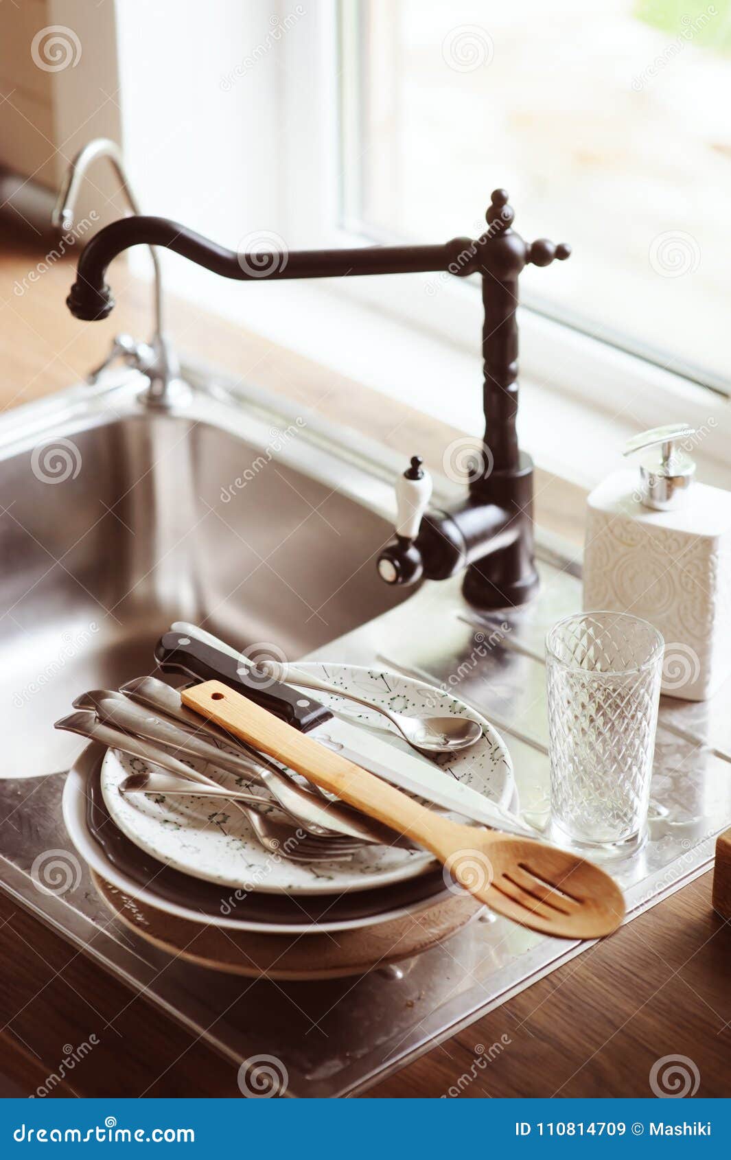 Clean Stack of Dishes on the Kitchen Sink Stock Image - Image of ...