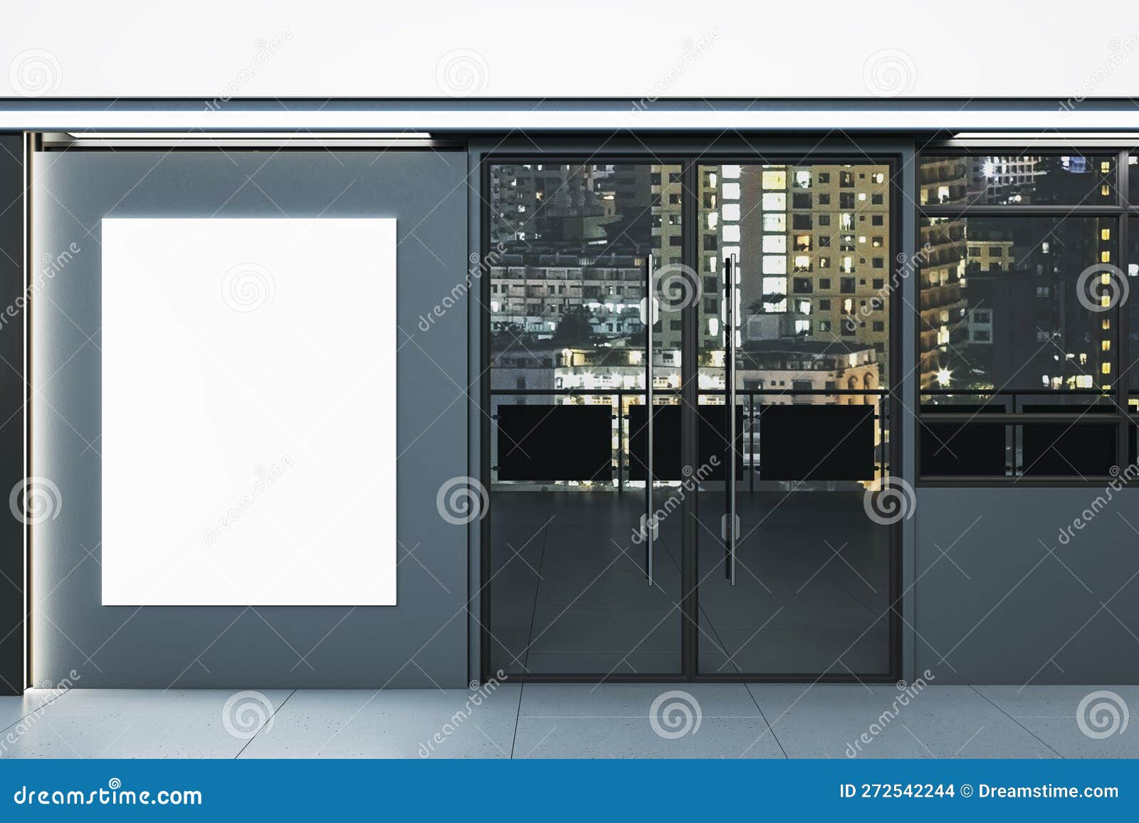 Clean Storefront with Empty White Wide Mock Up Banner and Night City ...