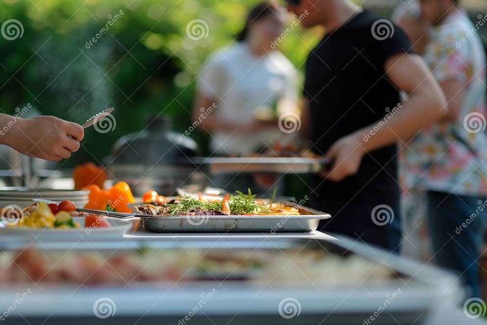Clean Table Surface with Blurred Bbq Buffet and Guests Serving ...