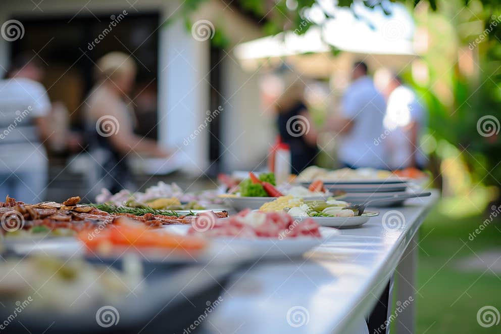 Clean Table Surface with Blurred Bbq Buffet and Guests Serving ...