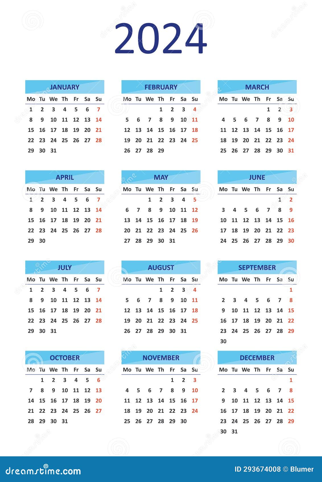 Clean Vector 2024 Calendar Week Starts on Monday Stock Vector ...