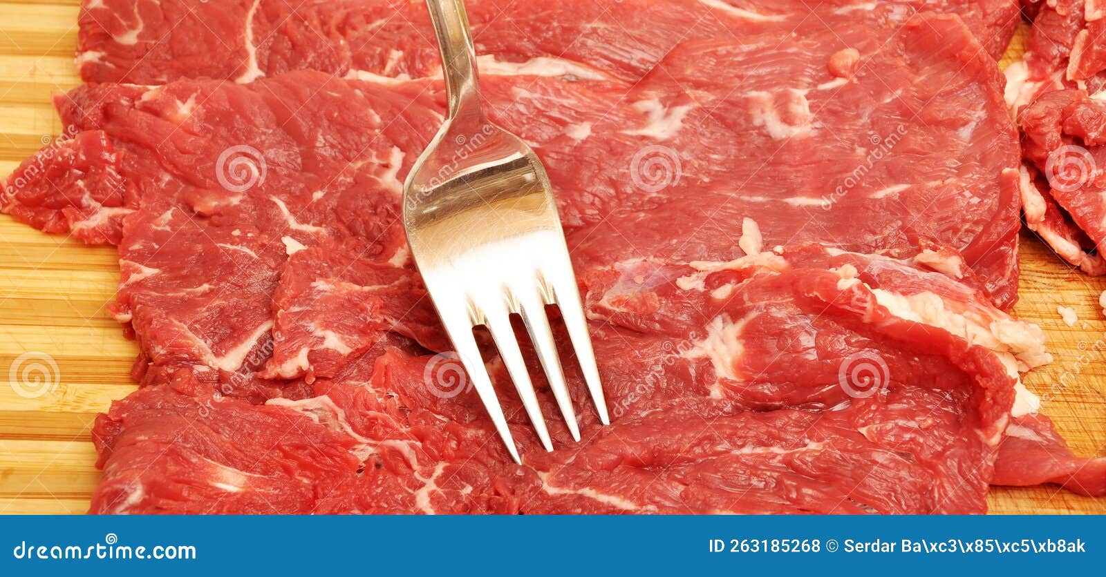 Clean Very Fresh Red Raw Cow Meat Beef and Fork, on Cutting Board, Cow ...