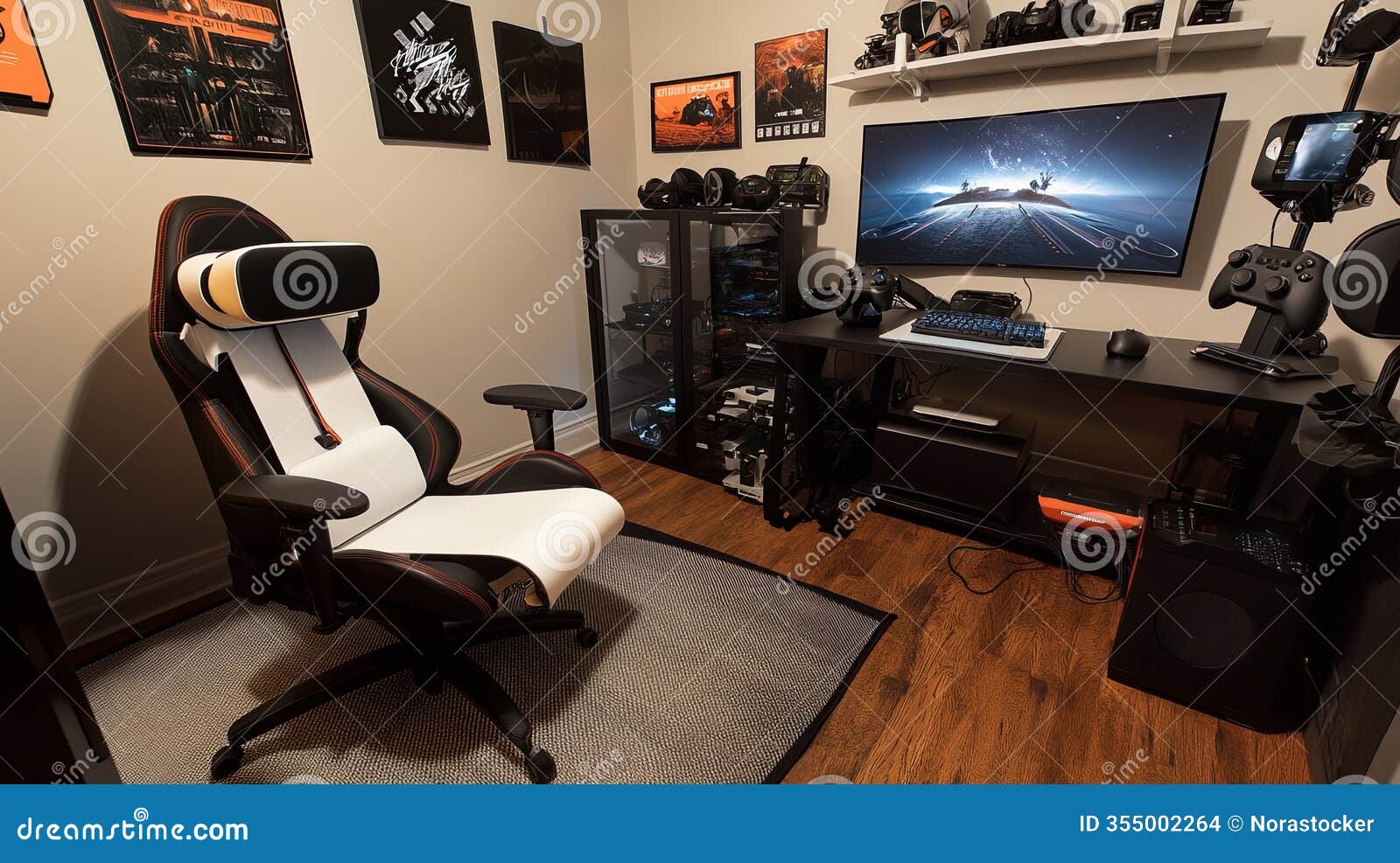 A Clean VR Gaming Setup with Controllers, a Headset, and a Neatly Stock ...