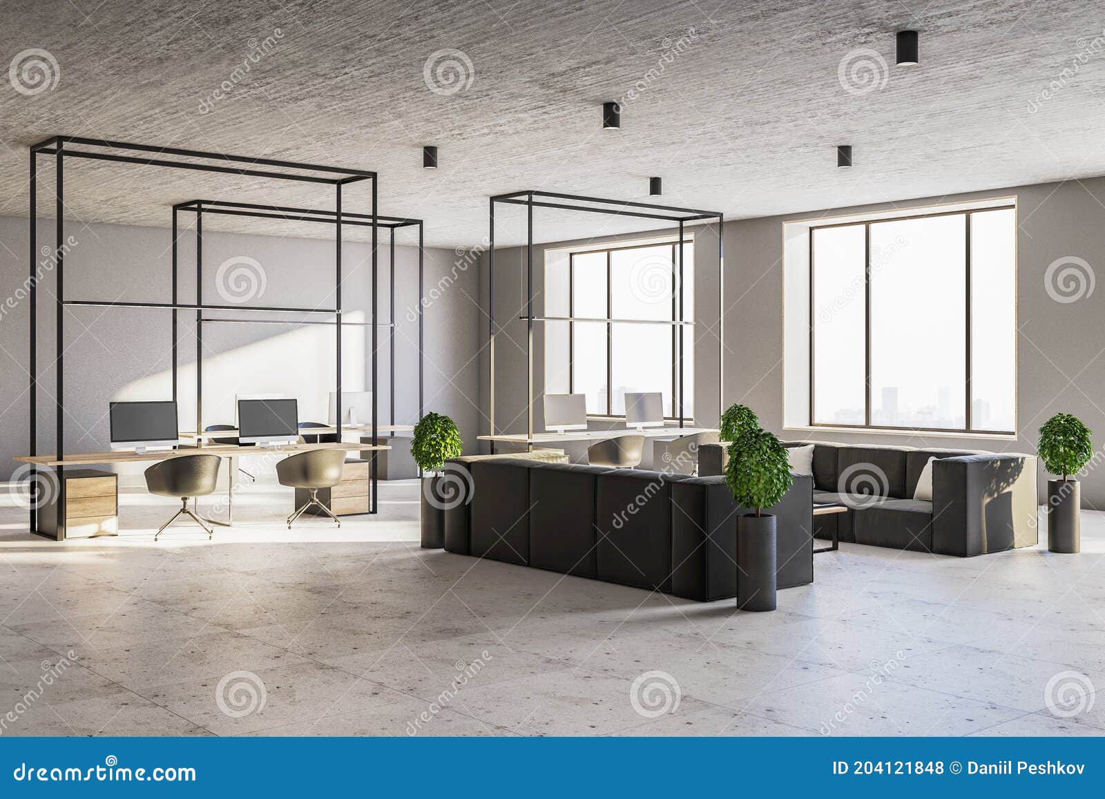 Clean Waiting Room with Computers, Two Sofa and City View Stock ...