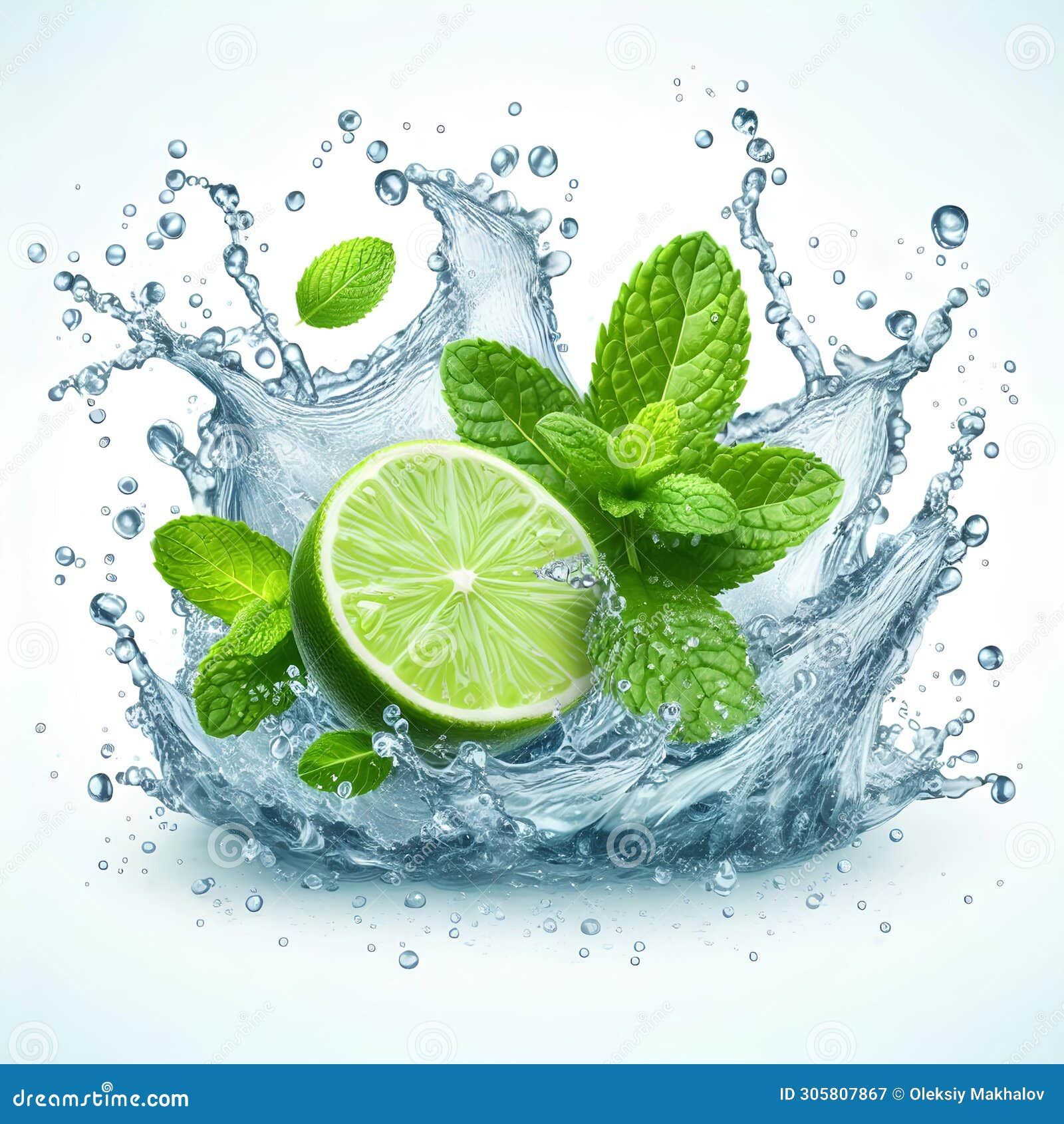 Clean Water Splash with Mint Leaves and Lime Slice and Splatters in ...