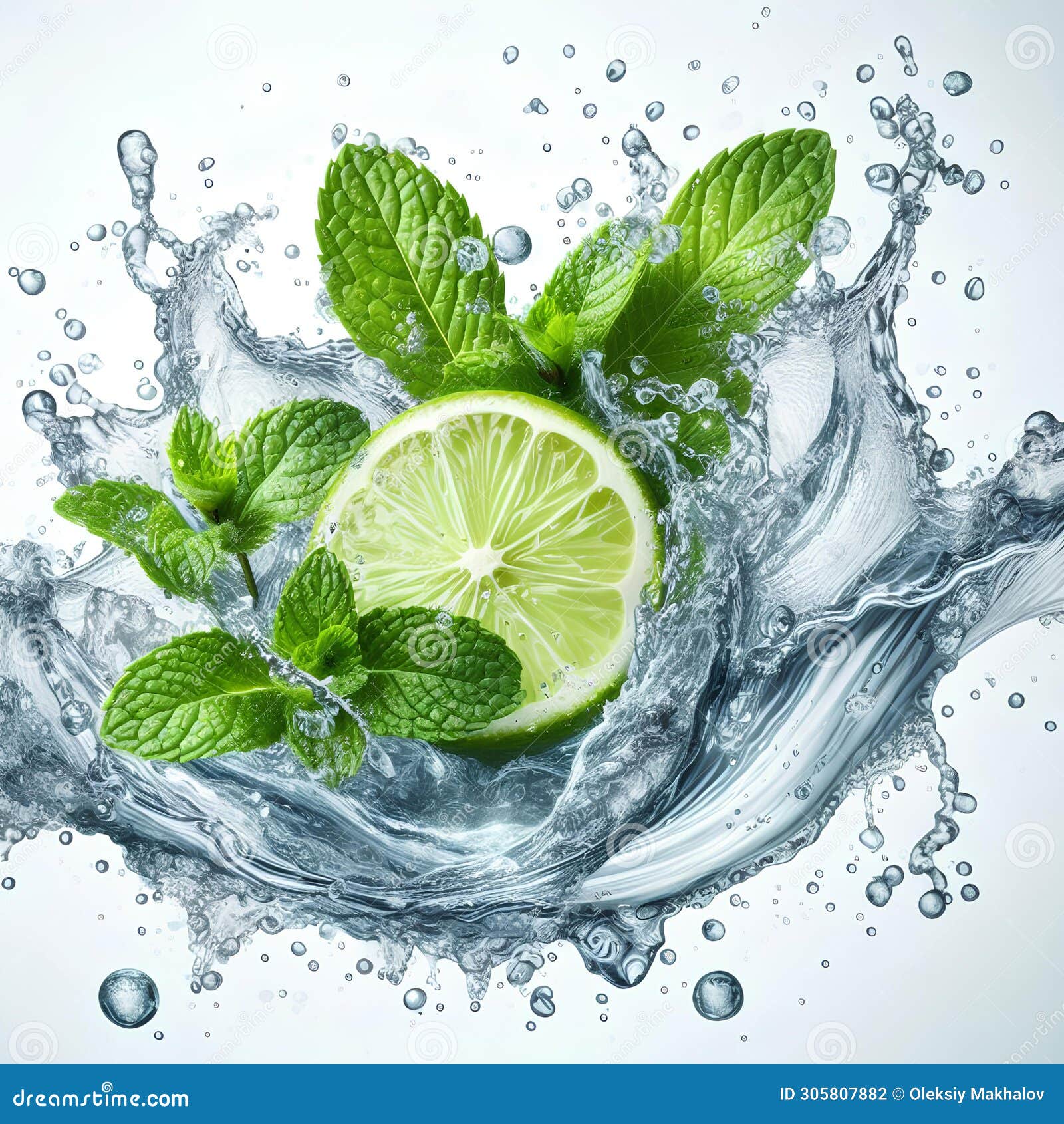 Clean Water Splash with Mint Leaves and Lime Slice and Splatters in ...