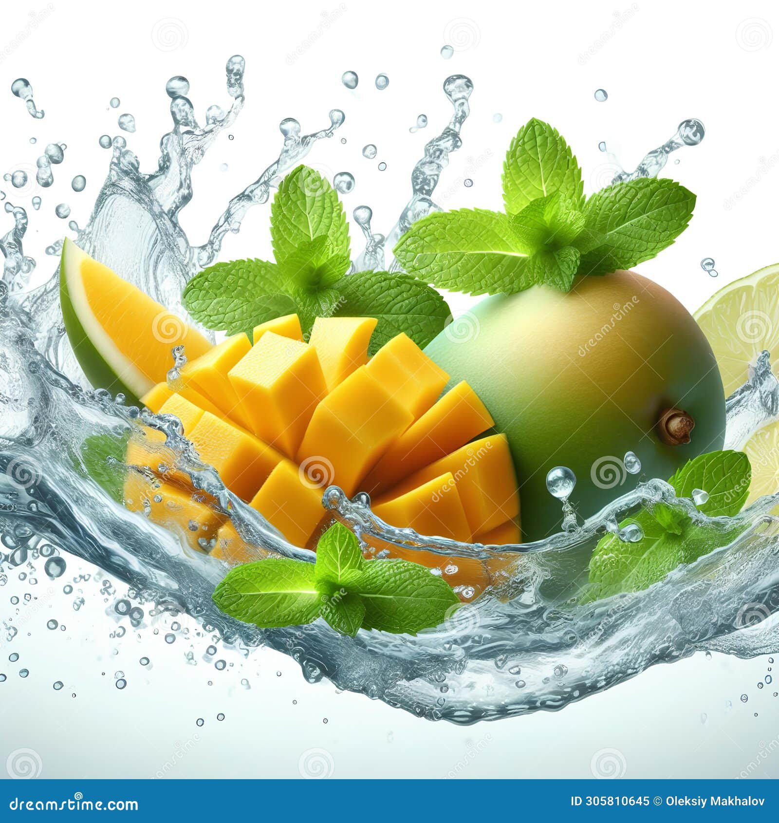 Clean Water Splash with Mint Leaves, Mango Slices and Splatters in ...