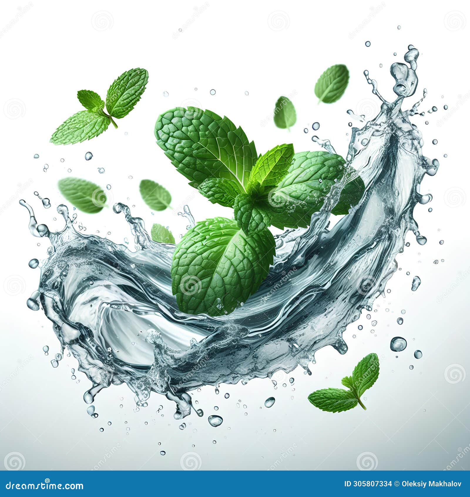 Clean Water Splash with Mint Leaves and Splatters in Water Wave ...