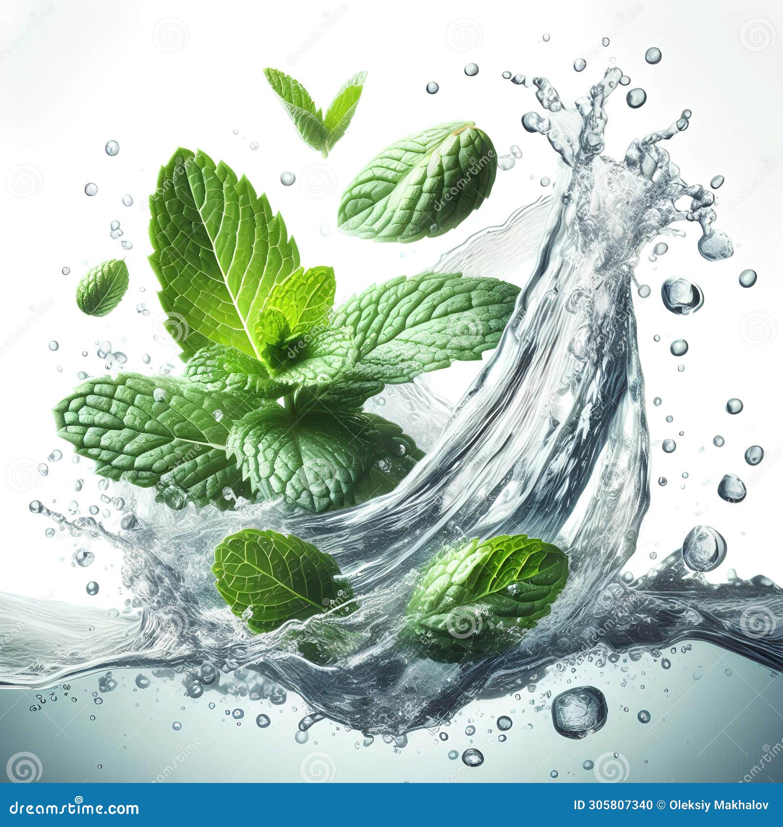 Clean Water Splash with Mint Leaves and Splatters in Water Wave ...