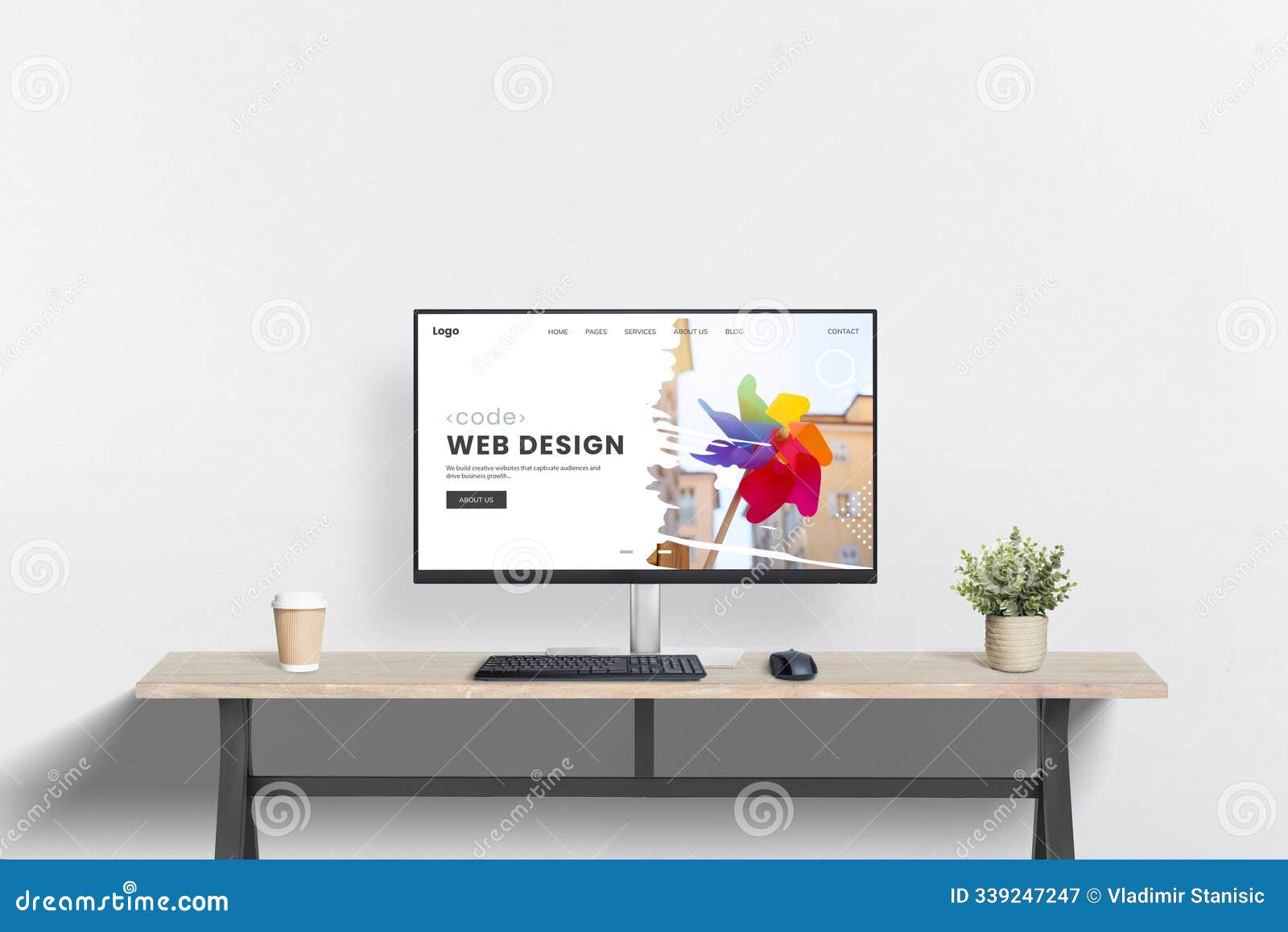 Clean Web Design Workspace with Computer Display on Desk, Plant, and ...