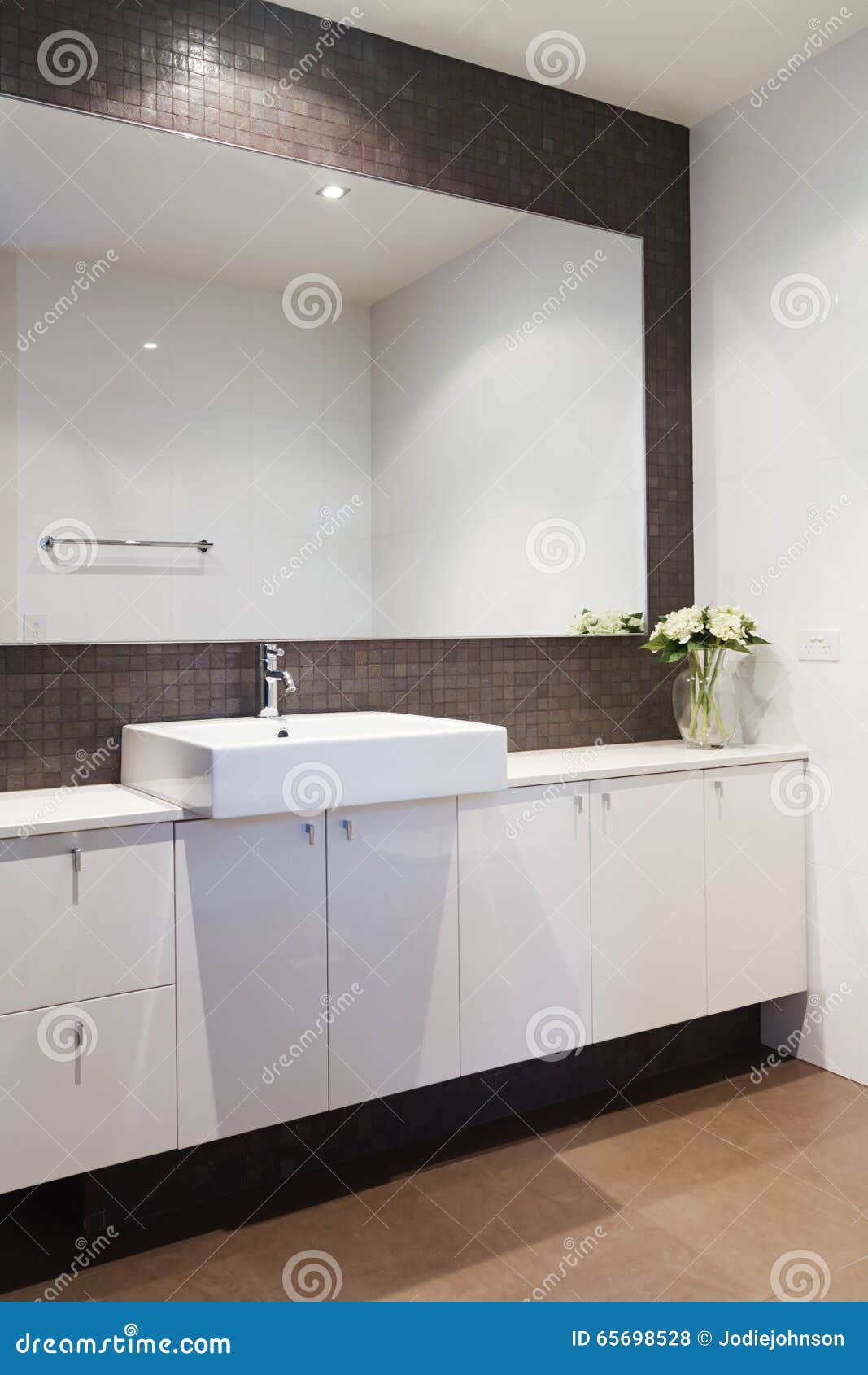 Clean White Bathroom with Mosaic Rustic Splashback Stock Photo - Image ...