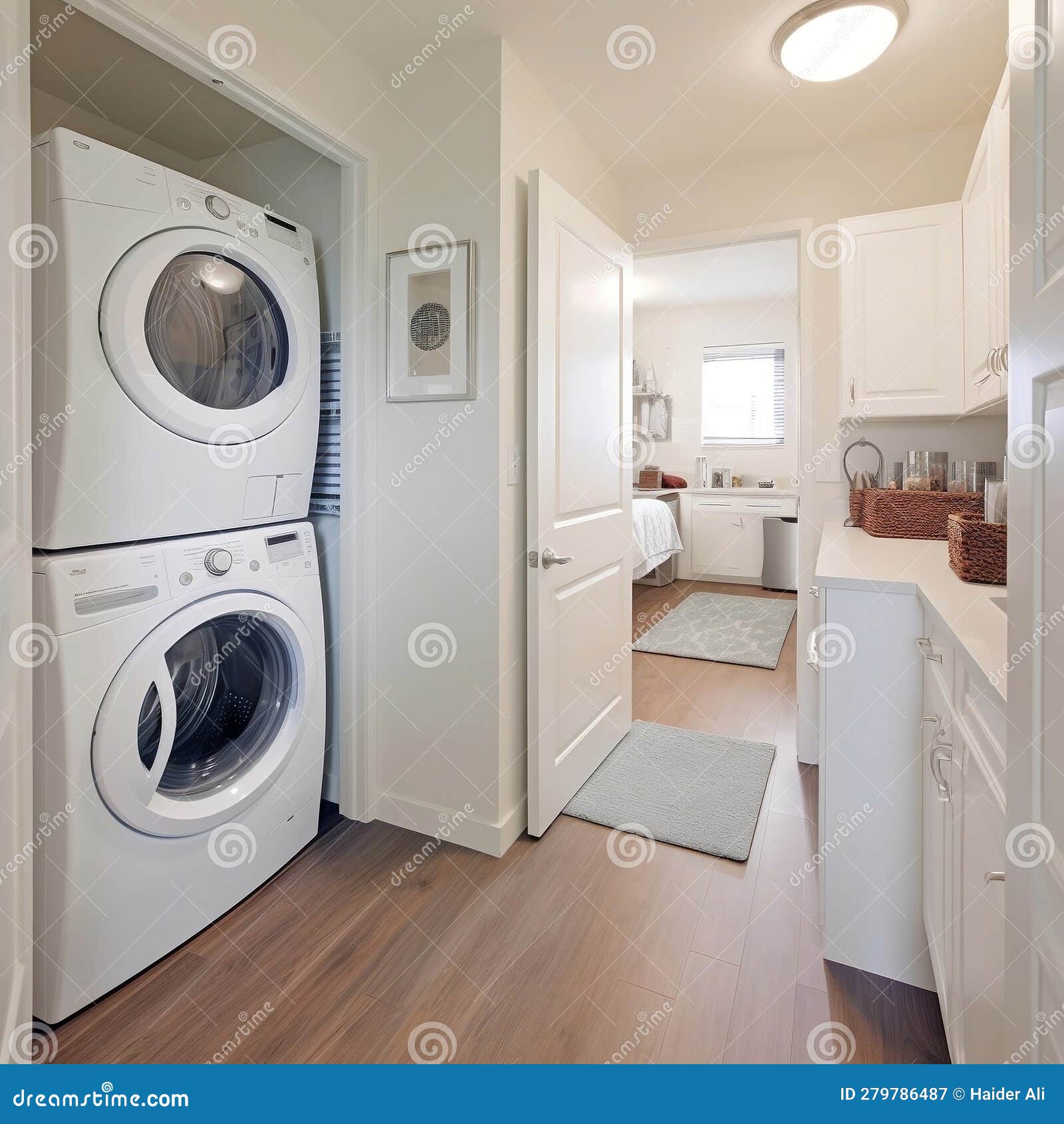 Clean and White Laundry Room with FrontLoading Washer. Generative AI ...