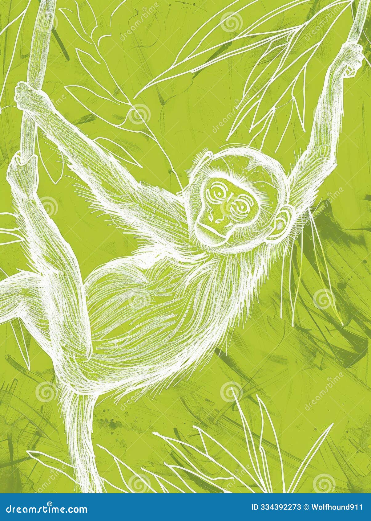 Clean White Line Art of a Monkey on a Bright Lime Green Background with ...