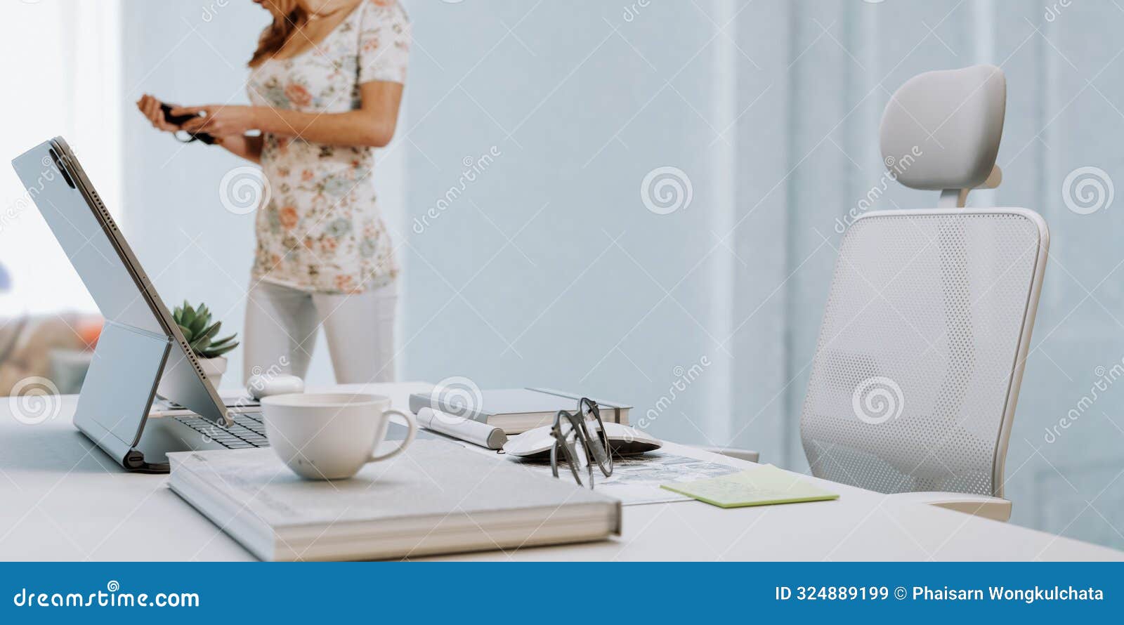 Clean White Office with a Laptop on the Table and Work Equipment. Stock ...