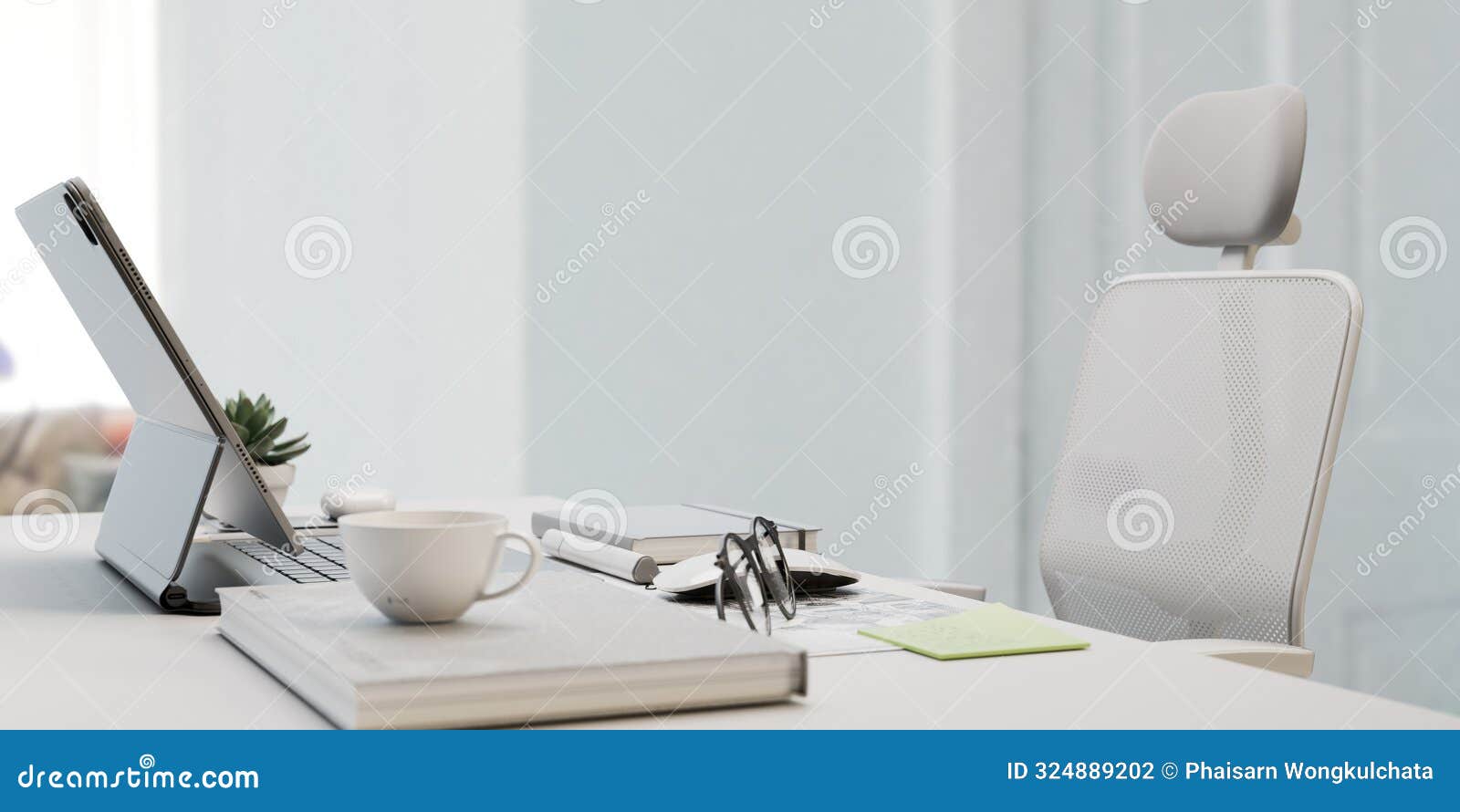 Clean White Office with a Laptop on the Table and Work Equipment. Stock ...