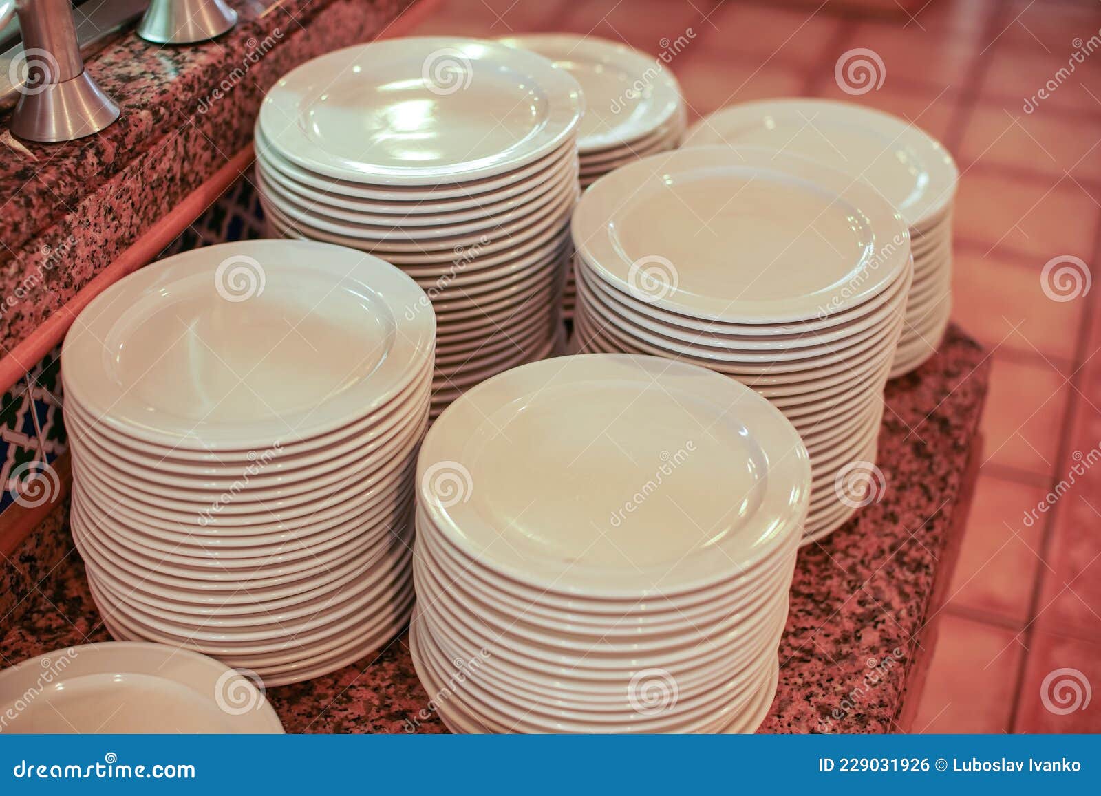 Clean White Plates Ready at Table in Buffet Restaurant Stock Photo ...