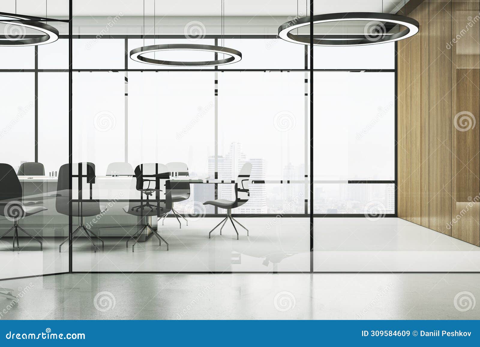 Clean Wooden, Glass and Concrete Office Interior with Daylight. Stock Illustration ...