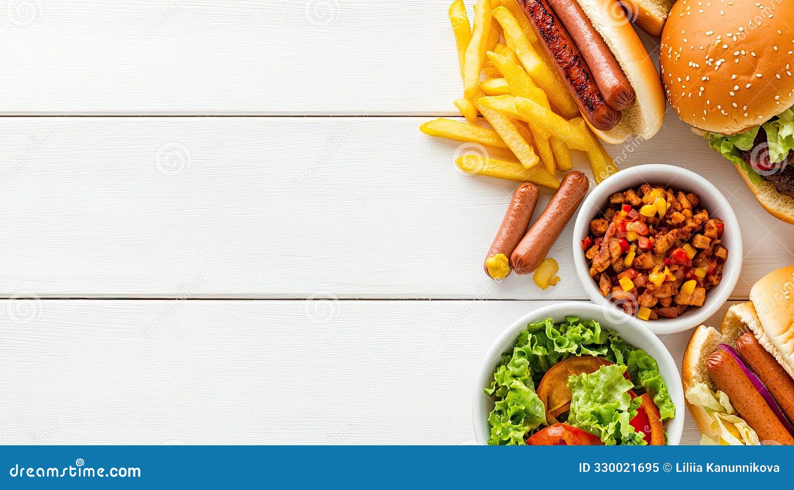 A Clean Wooden Table Displays Various Fast Food Items, Creating a ...