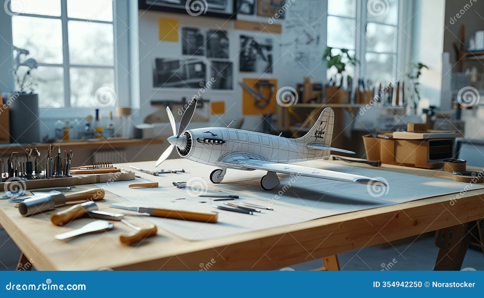 A Clean Workshop Table with Tools and a Half-finished Model Airplane ...