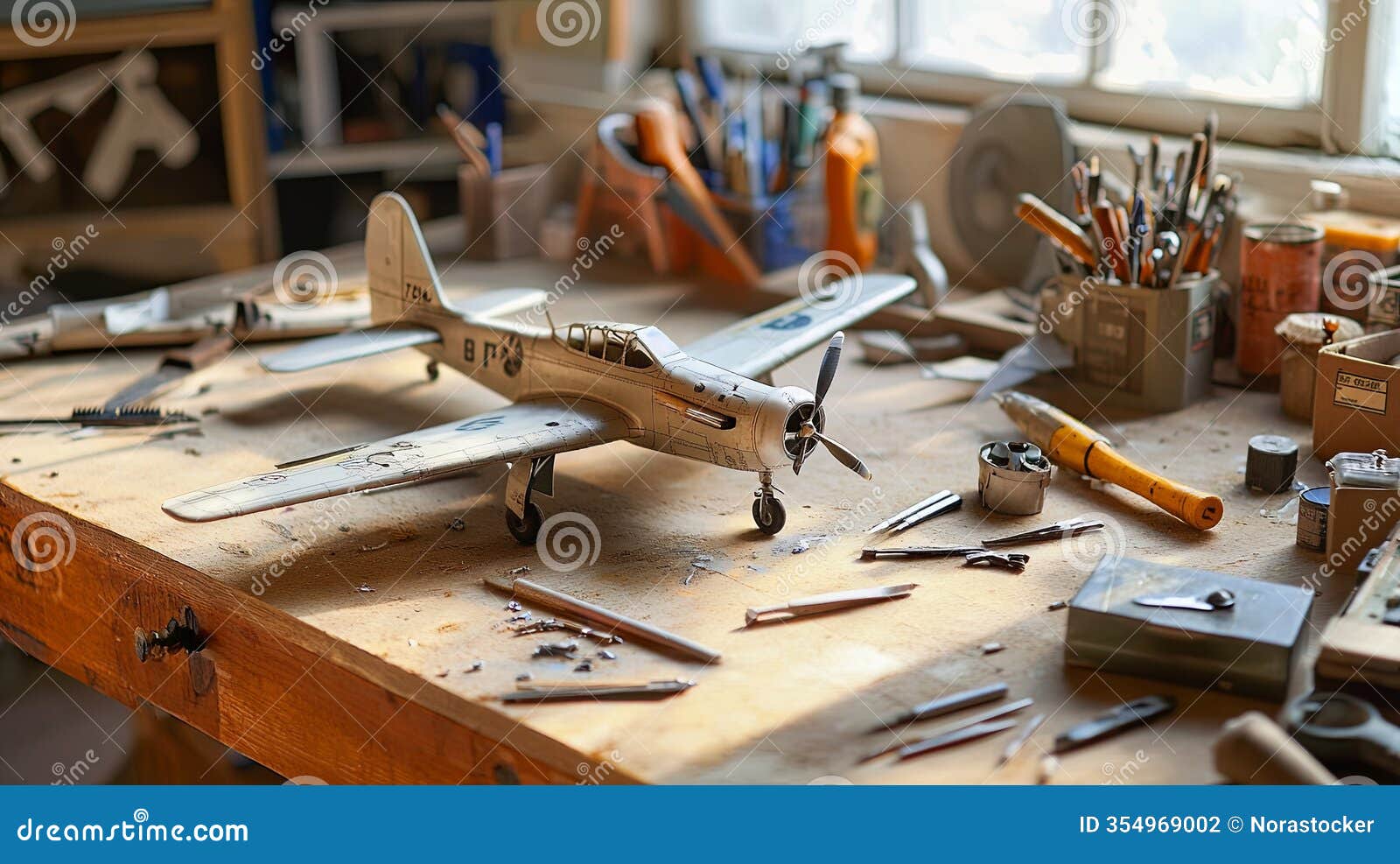 A Clean Workshop Table with Tools and a Half-finished Model Airplane ...