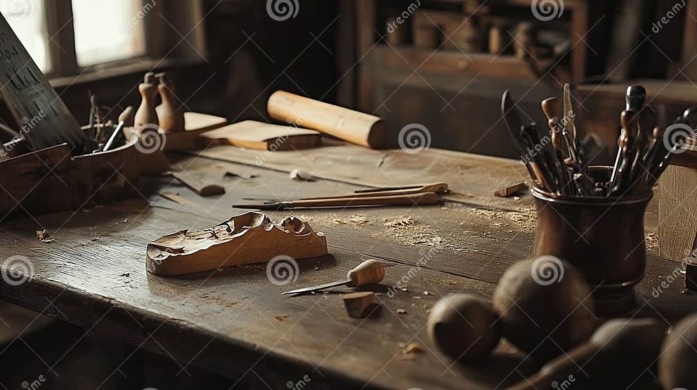 A Clean Workshop Table with Woodcarving Tools and a Half-finished Stock ...