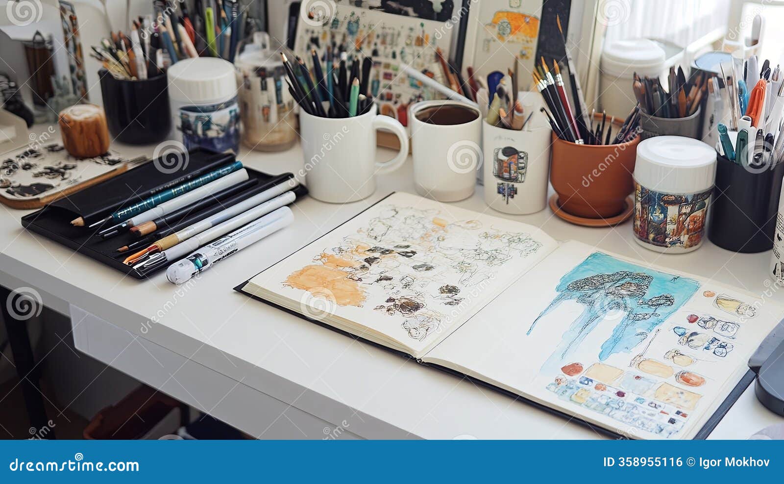 A Clean Workspace Setup with Sketchbooks, Pens, and a Cup of Coffee on ...