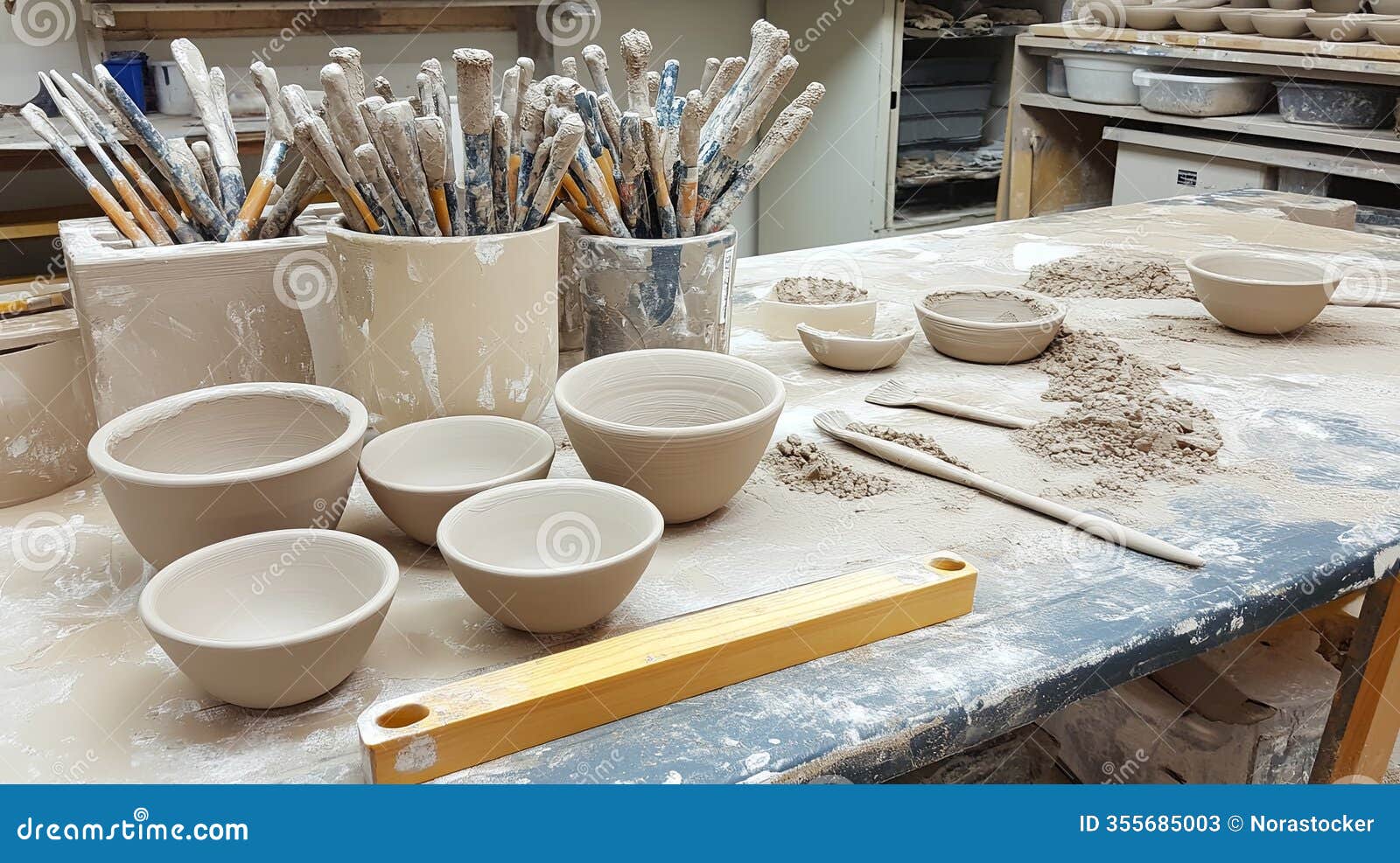 A Clean Workstation with Neatly Arranged Pottery Tools and Fresh Clay ...