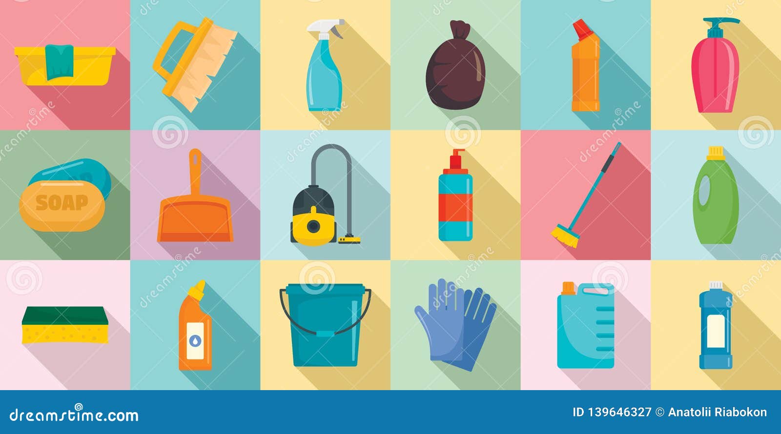 Cleaner Equipment Icons Set, Flat Style Stock Vector - Illustration of ...