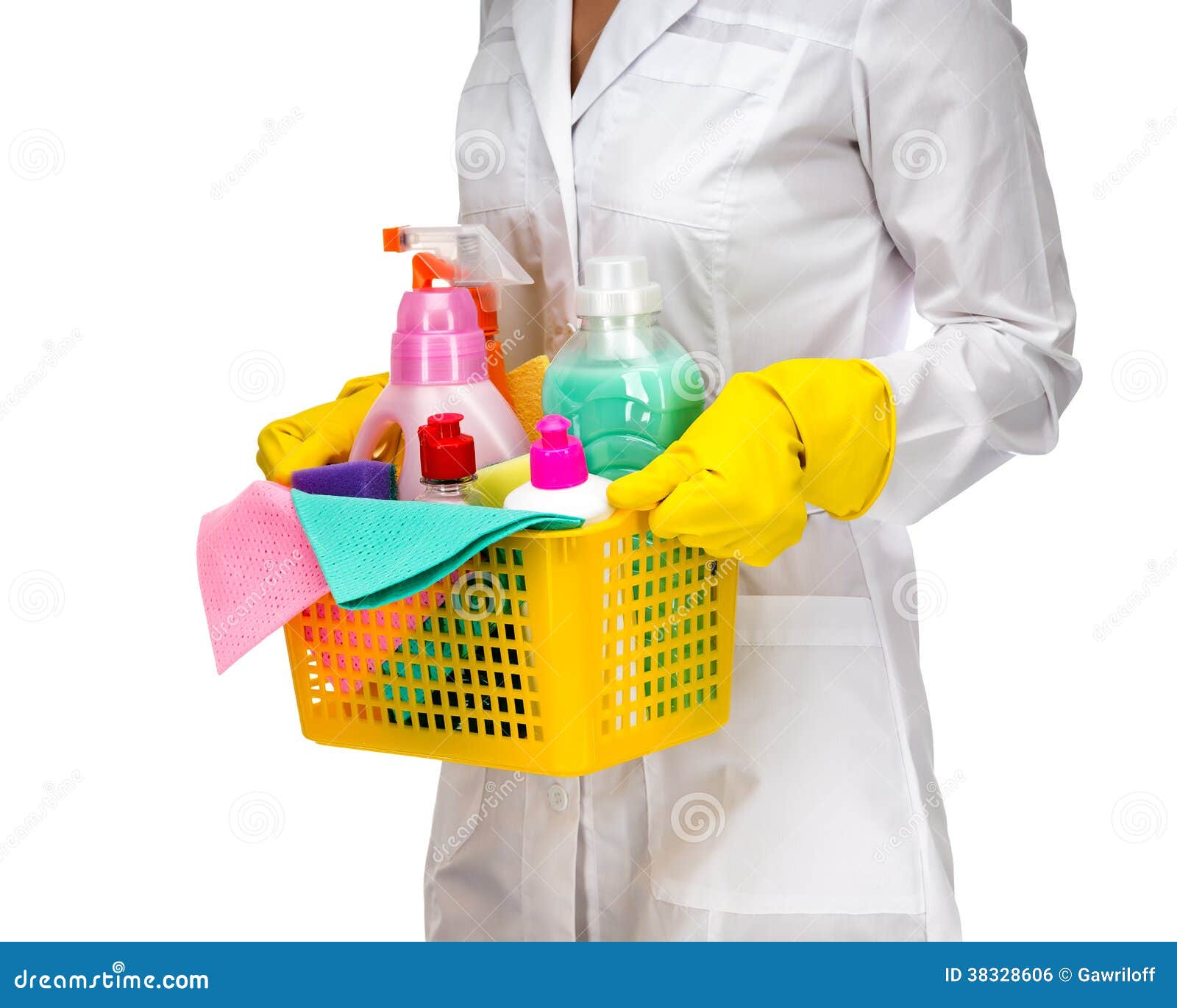 Cleaner Maid Woman with Plastic Basket Stock Photo - Image of glove ...
